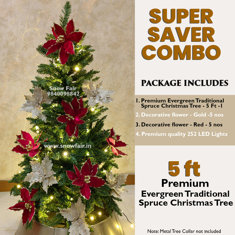 Premium Evergreen Traditional Spruce Christmas Tree - 5 Feet Combo - W ...